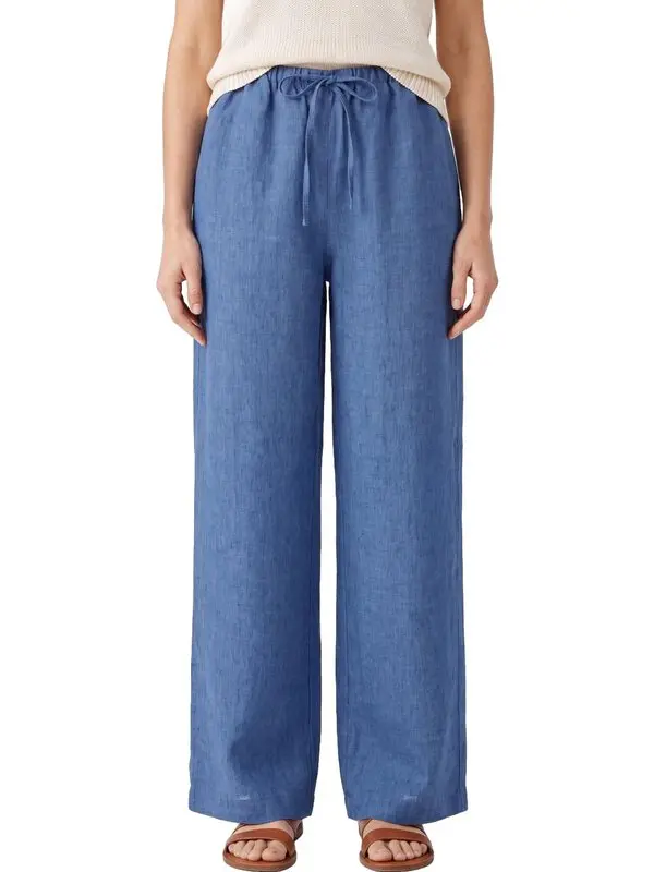 RÓHE High-waisted Linen Wide-leg Palazzo Trousers With Drawstring - Blue