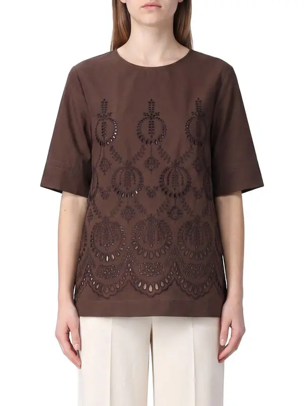 PAROSH P.a.r.o.s.h. Broderie Anglaise Lace Crewneck Top - Brown