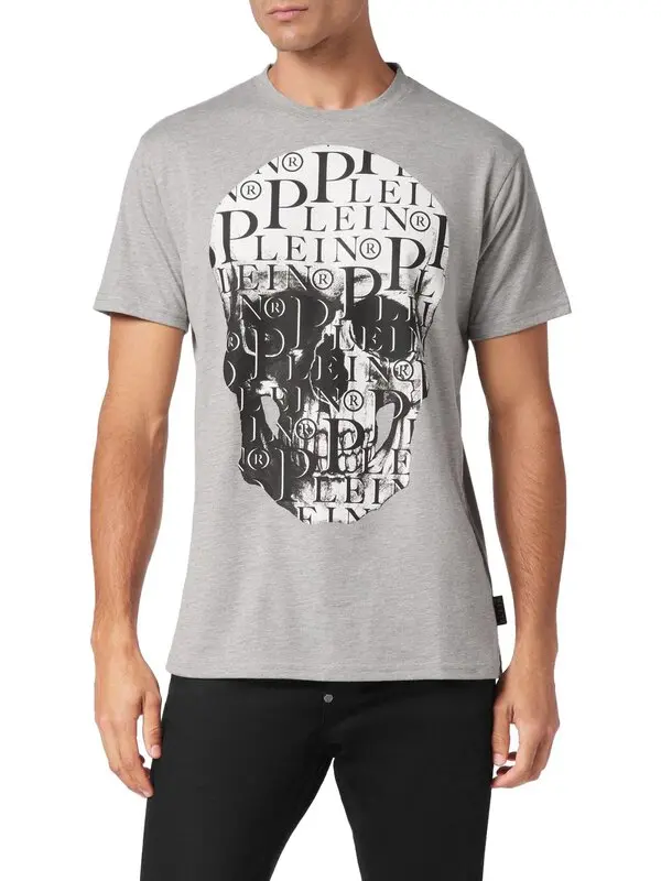 Philipp Plein Cotton T-shirt With Skull Print And Hexagon Logo - Grey