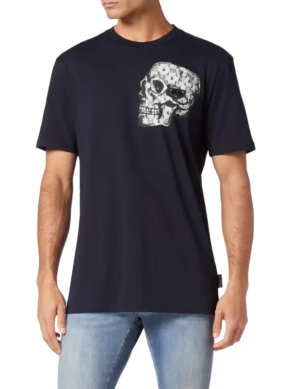Philipp Plein Cotton T-shirt With Skull Print And Hexagon Logo - Blue
