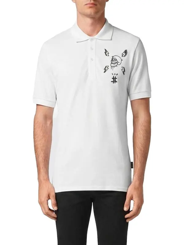Philipp Plein Slim Fit Cotton Polo Shirt With Skull Print And Logo - White