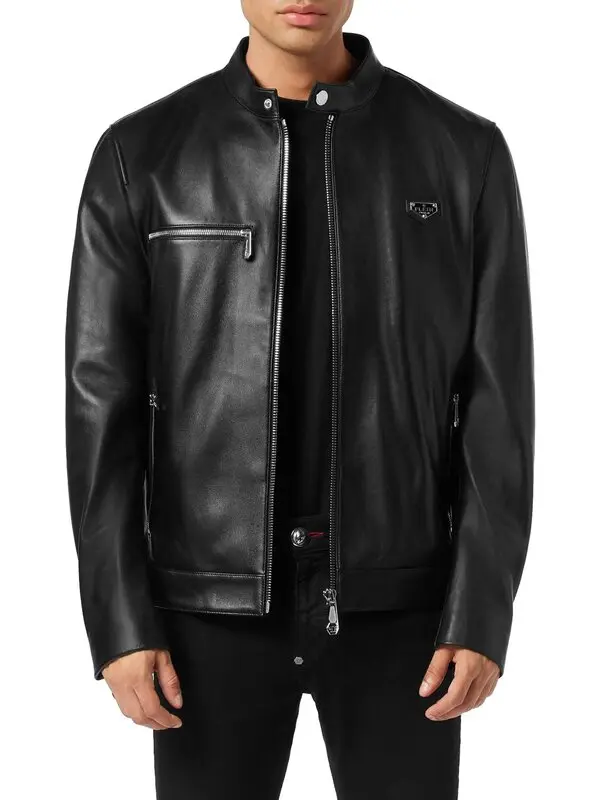 Philipp Plein Relaxed Fit Leather Jacket With High Neck And Zip Details - Black