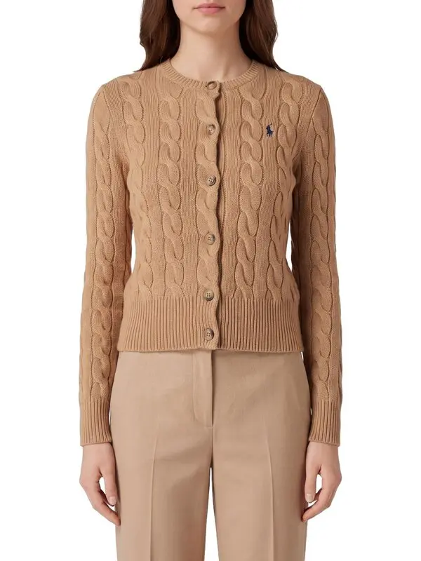 Polo Ralph Lauren Crewneck Knit Wool Cardigan With Embroidered Pony Logo - Camel