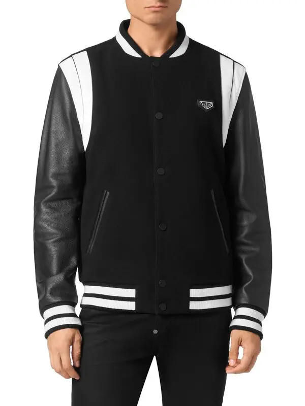 Philipp Plein Calfskin And Fabric Bomber Jacket With Contrast Trims - Black
