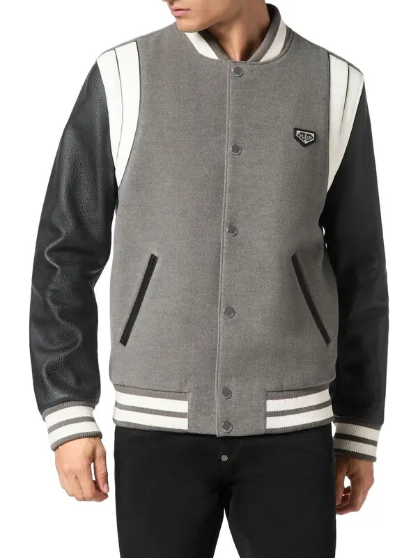 Philipp Plein Calfskin And Fabric Bomber Jacket With Contrast Trims - Grey