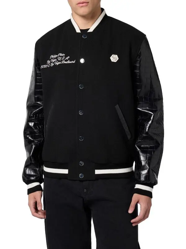 Philipp Plein Croc-effect Leather Varsity Bomber Jacket With Contrast Logo - Black