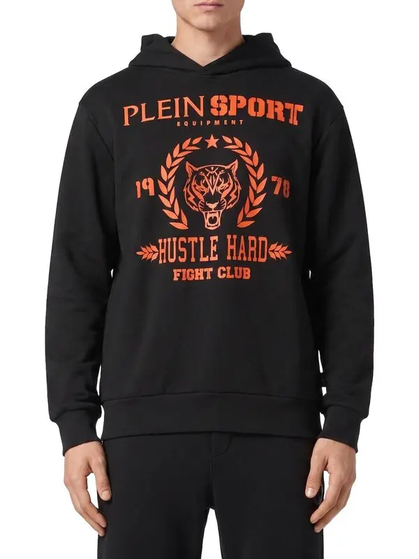 PLEIN SPORT Graphic Print Cotton Hoodie With Dropped Shoulders - Black