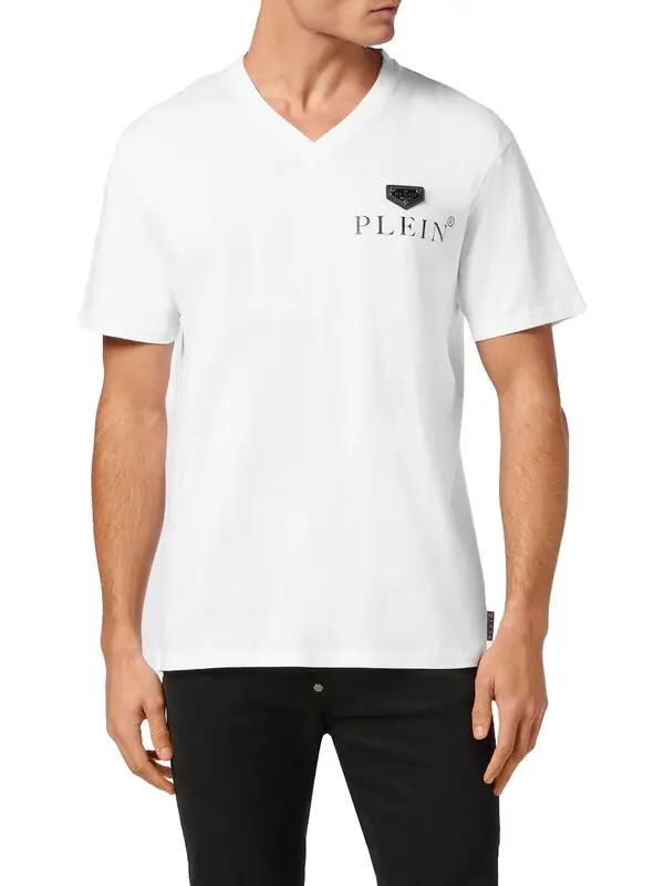 Philipp Plein Slim Fit Cotton V-neck T-shirt With Logo - White
