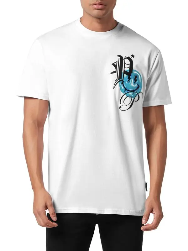Philipp Plein Cotton T-shirt With Graphic Print And Contrasting Logo - White