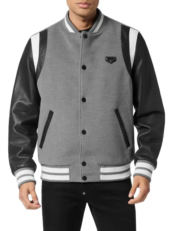 Philipp Plein Leather And Viscose Varsity Bomber Jacket With Embroidered Logo - Grey