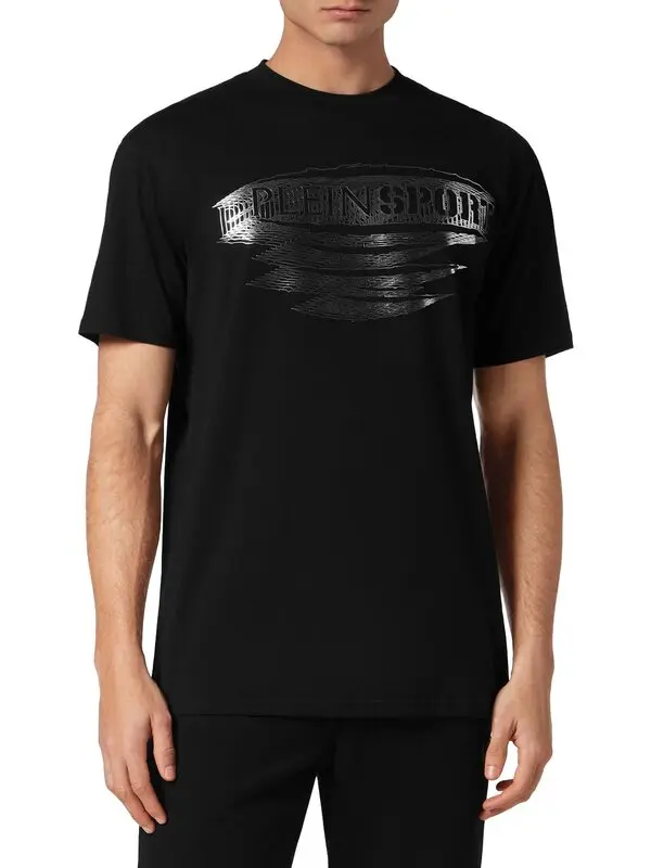 PLEIN SPORT Cotton Crew Neck T-shirt With Tone-on-tone Logo Print - Black 1