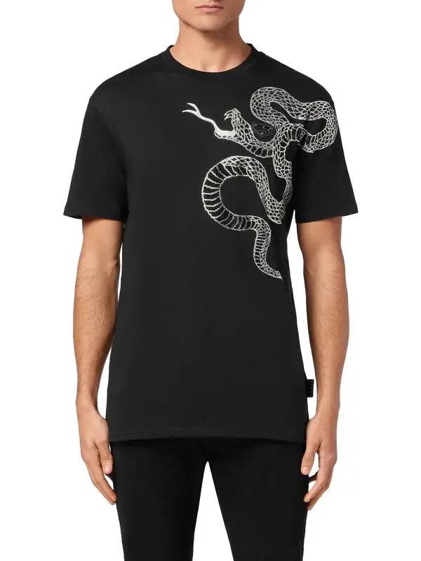 Philipp Plein Embroidered Snake Print Cotton T-shirt - Black