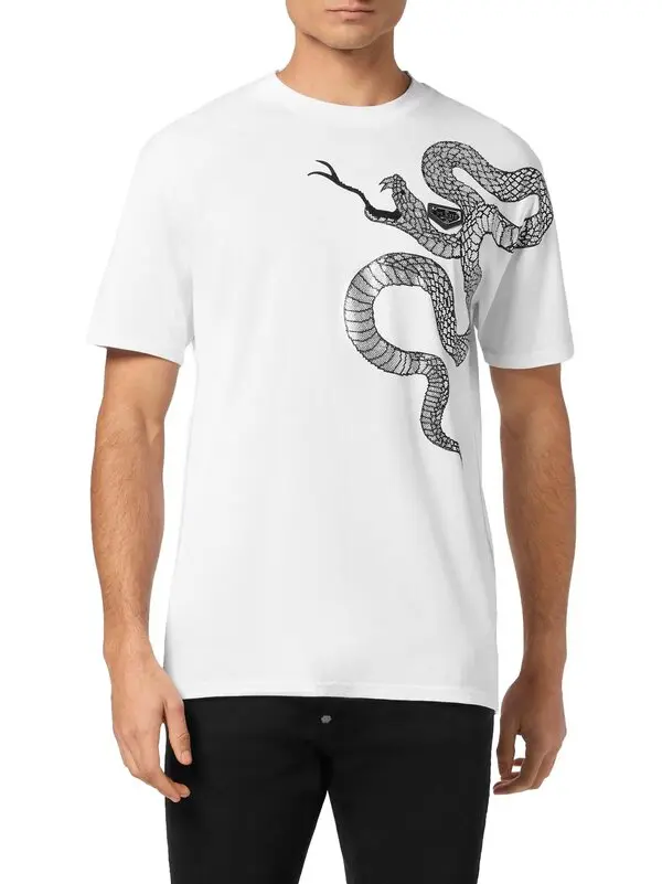 Philipp Plein Embroidered Snake Print Cotton T-shirt - White