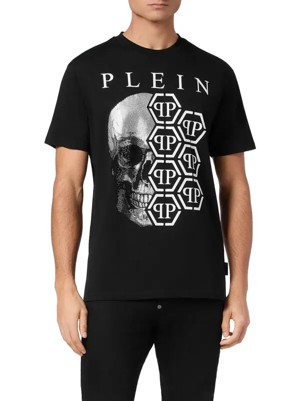 Philipp Plein Slim Fit Cotton T-shirt With Skull And Monogram Print - Black