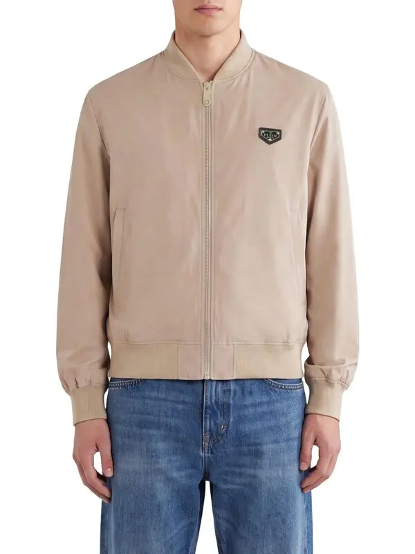 Philipp Plein Lightweight Nylon Bomber Jacket With Iconic Collar And Logo - Beige