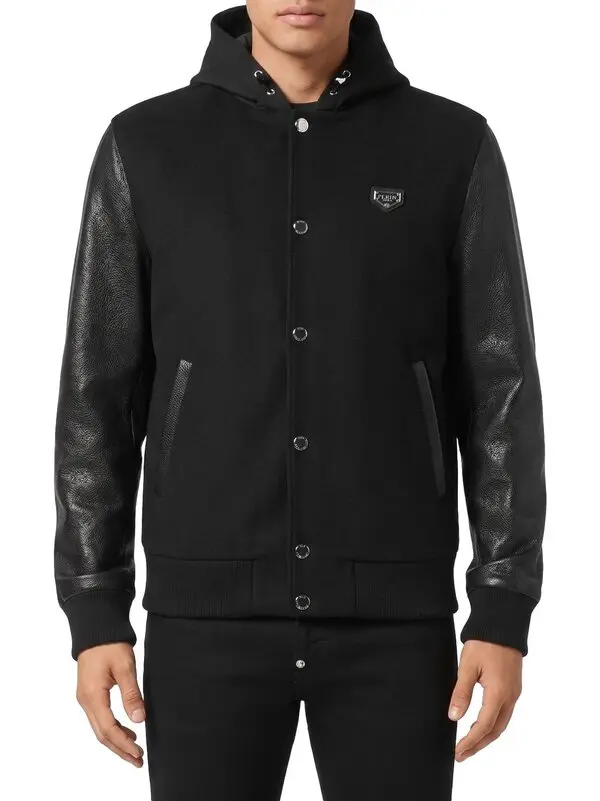 Philipp Plein Lambskin Leather Hooded Bomber Jacket - Black