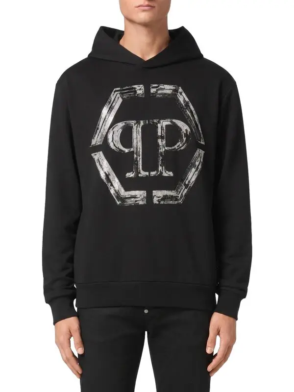 Philipp Plein Cotton Hoodie With Hexagon Logo And Monogram - Black