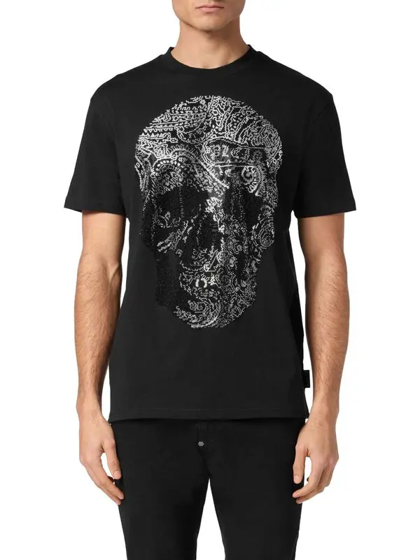 Philipp Plein Cotton T-shirt With Skull Print And Rhinestone Application - Black