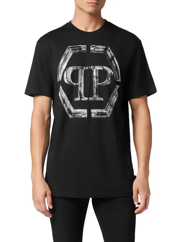 Philipp Plein Cotton T-shirt With Monogram And Rhinestone Hexagon Logo - Black