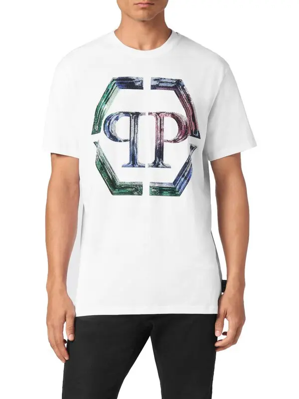 Philipp Plein Cotton T-shirt With Monogram And Rhinestone Hexagon Logo - White