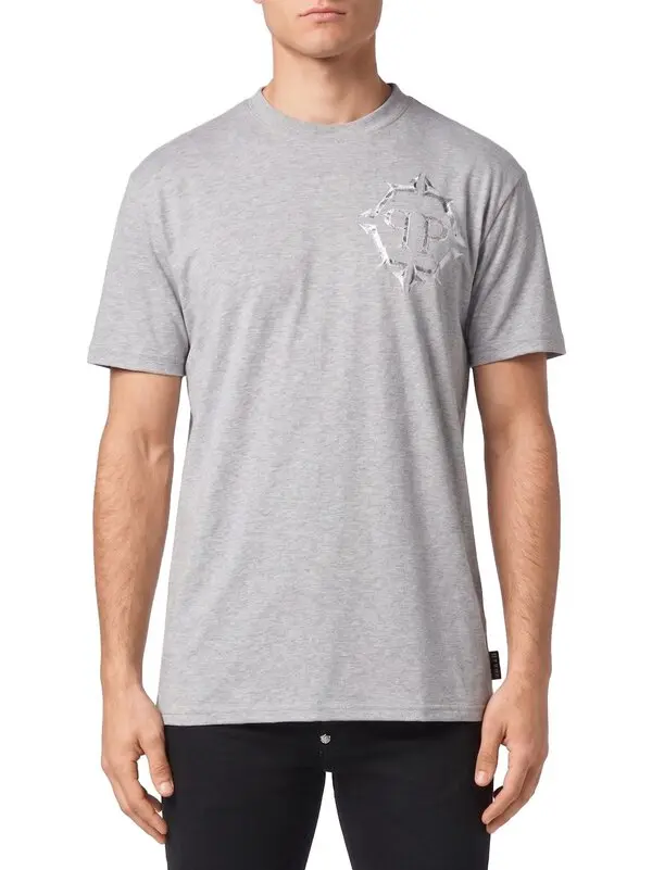 Philipp Plein Cotton T-shirt With Monogram Print And Hexagon Logo - Grey