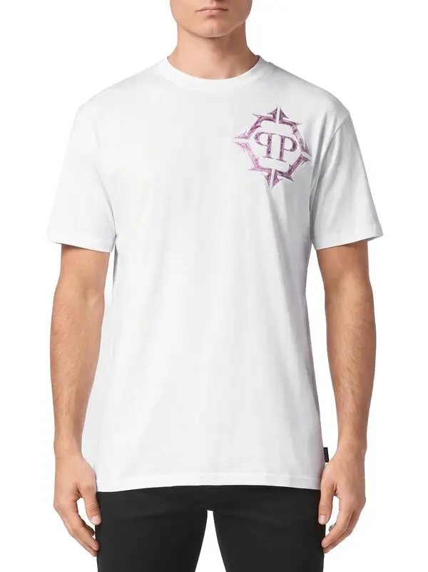 Philipp Plein Cotton T-shirt With Monogram Print And Hexagon Logo - White