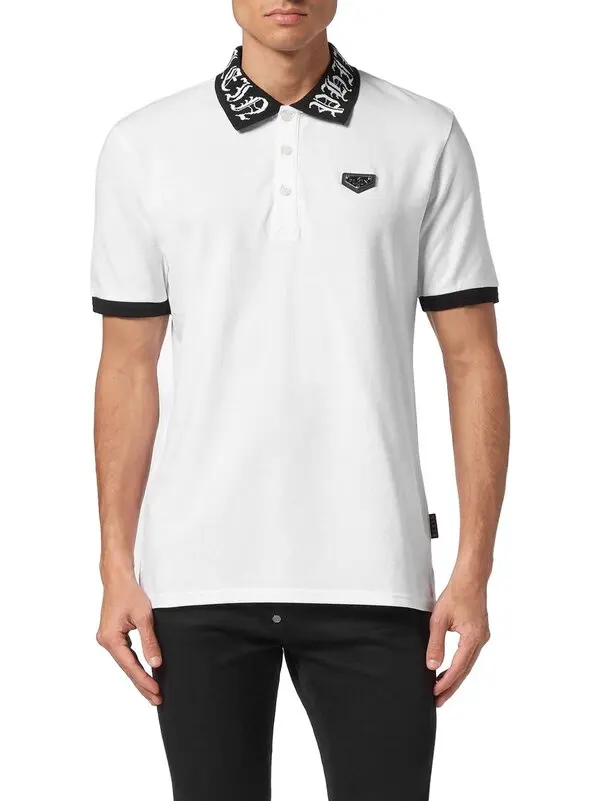 Philipp Plein Hexagon Logo Cotton Polo Shirt With Ribbed Collar - White