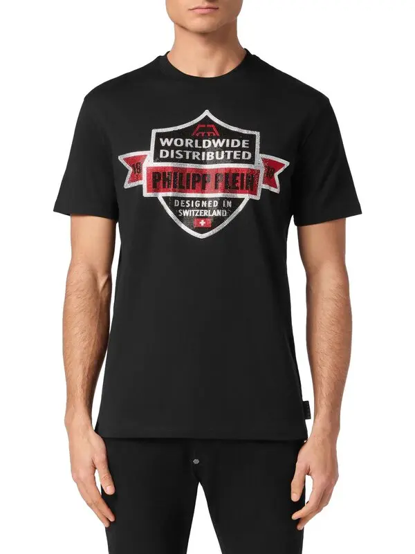 Philipp Plein Embroidered Rhinestone Logo Cotton T-shirt - Black