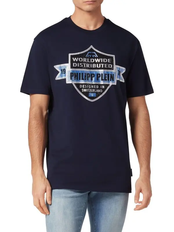 Philipp Plein Embroidered Rhinestone Logo Cotton T-shirt - Blue