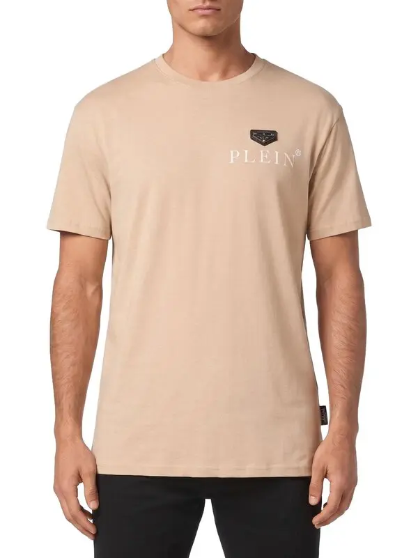 Philipp Plein Crew Neck T-shirt In Pure Cotton With Contrast Chest Logo - Beige