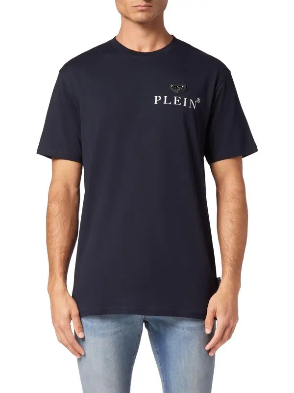 Philipp Plein Crew Neck T-shirt In Pure Cotton With Contrast Chest Logo - Blue