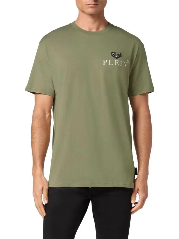 Philipp Plein Crew Neck T-shirt In Pure Cotton With Contrast Chest Logo - Green