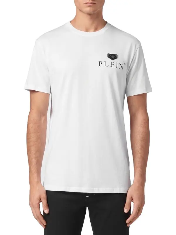 Philipp Plein Crew Neck T-shirt In Pure Cotton With Contrast Chest Logo - White