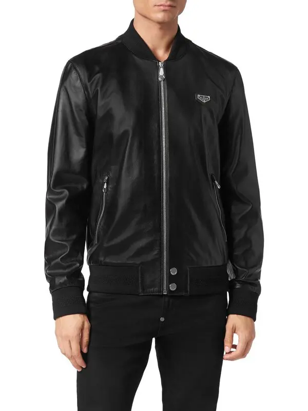 Philipp Plein Leather Bomber Jacket With College Collar And Zip Pockets - Black