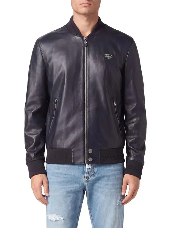 Philipp Plein Leather Bomber Jacket With College Collar And Zip Pockets - Blue