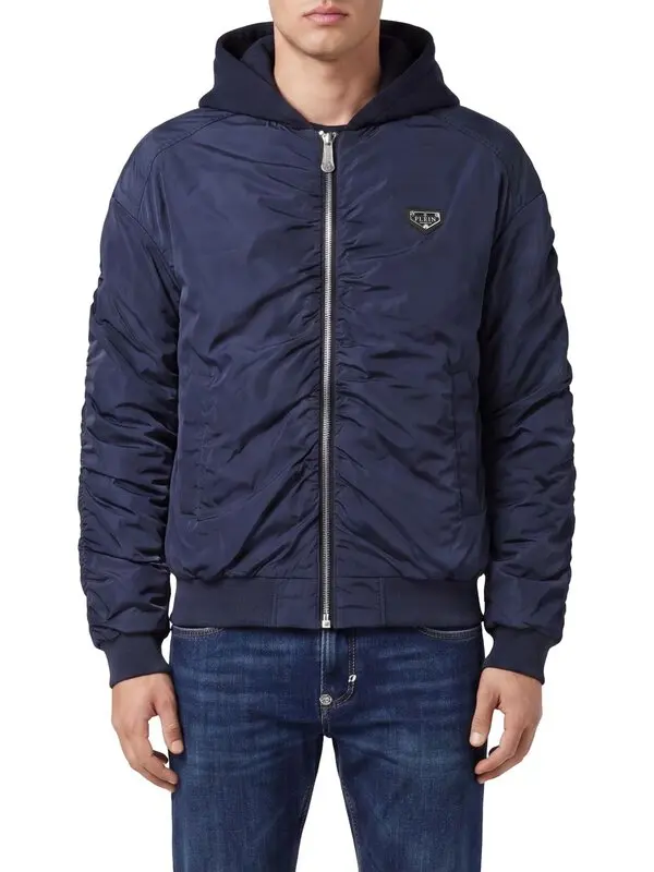 Philipp Plein Hooded Polyester Windbreaker Jacket - Blue