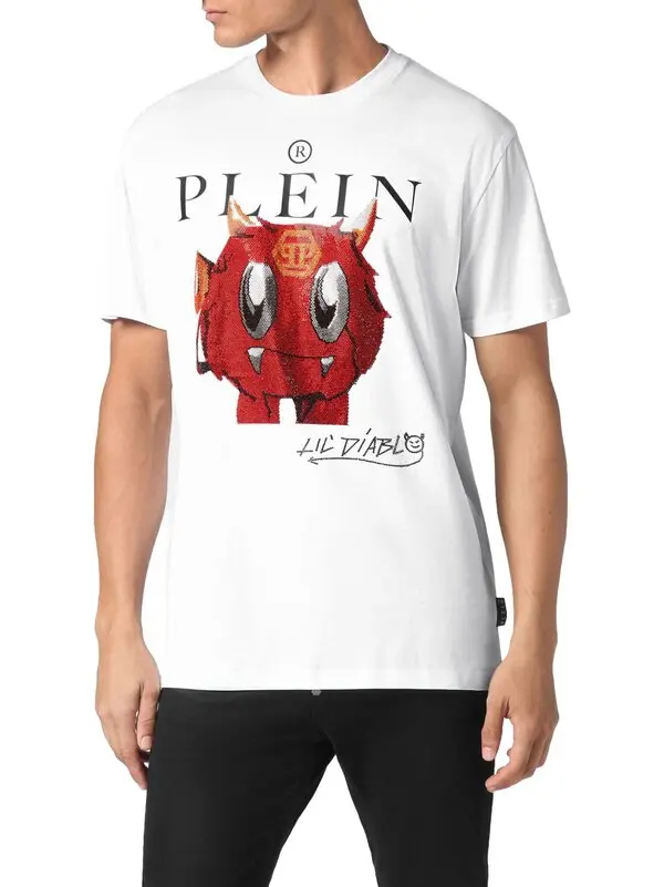Philipp Plein Cotton T-shirt With Graphic Print And Rhinestone Applications - White