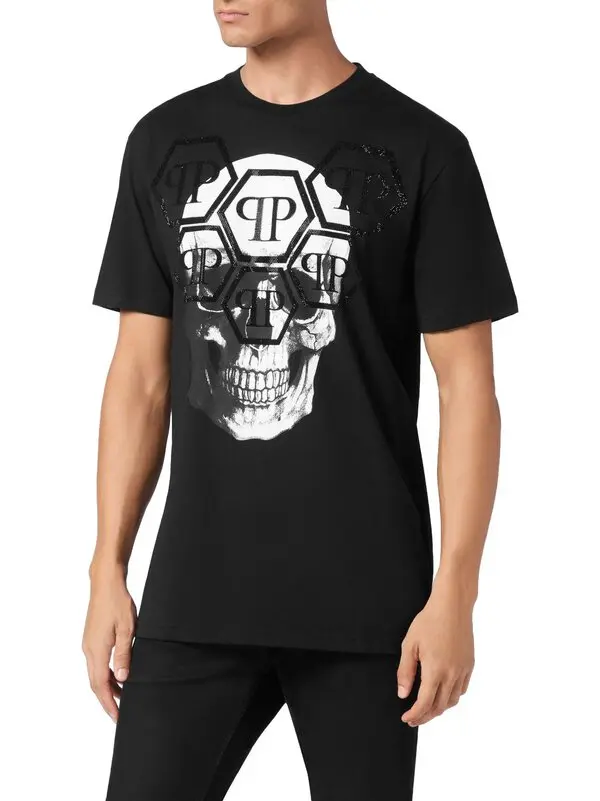 Philipp Plein Cotton T-shirt With Skull Print And Rhinestone Hexagon Logo - Black