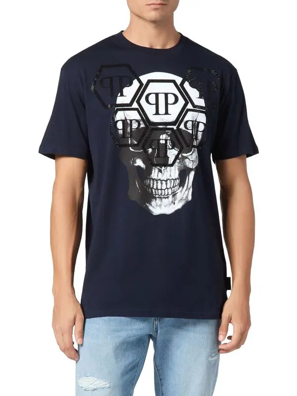 Philipp Plein Cotton T-shirt With Skull Print And Rhinestone Hexagon Logo - Blue
