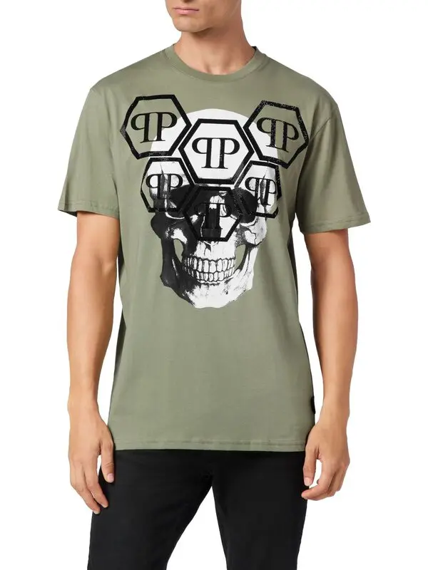 Philipp Plein Cotton T-shirt With Skull Print And Rhinestone Hexagon Logo - Green