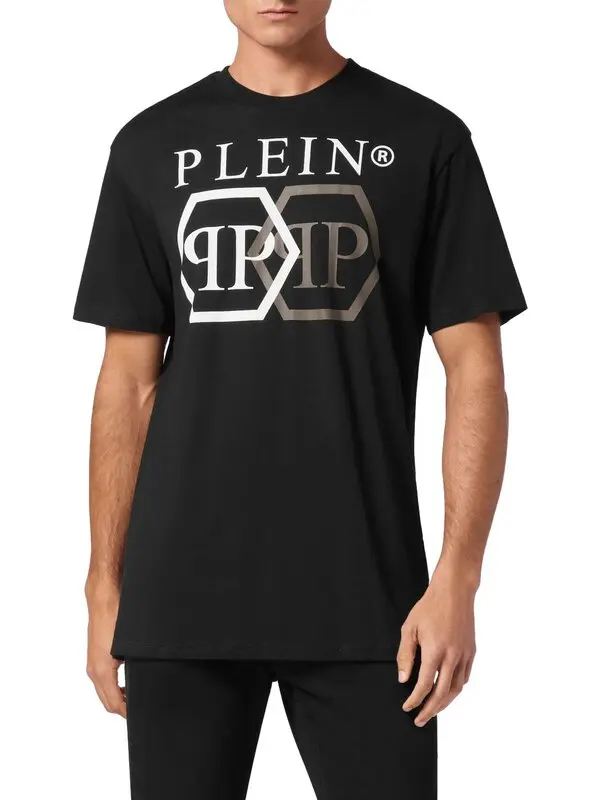 Philipp Plein Cotton T-shirt With Hexagon Logo And Contrast Monogram Print - Black