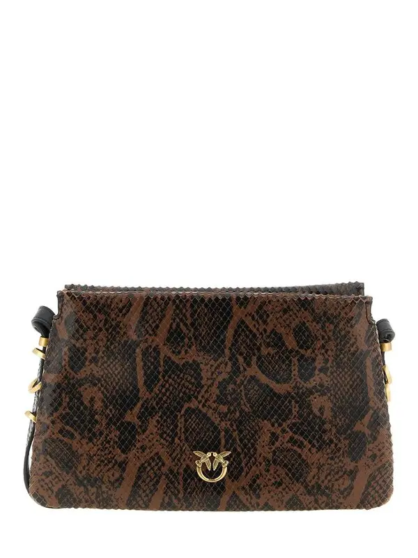 Pinko Python Print Leather Crossbody Bag With Love Birds Logo Buckle - Brown