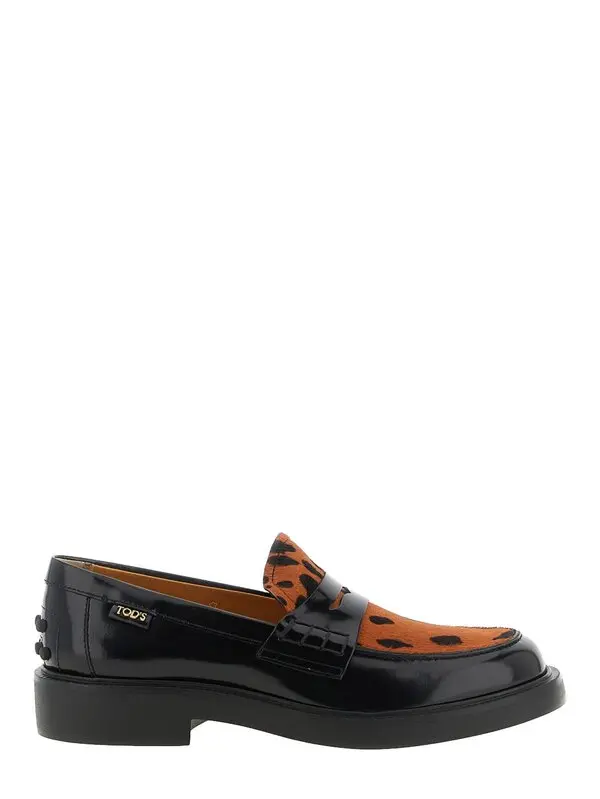 TOD'S Penny Loafers In Brushed Leather And Animalier Pony Hair - Black