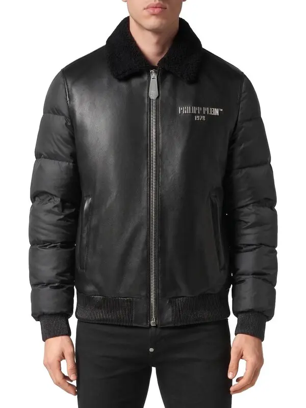 Philipp Plein Lambskin Leather Padded Jacket With Fur Collar - Black