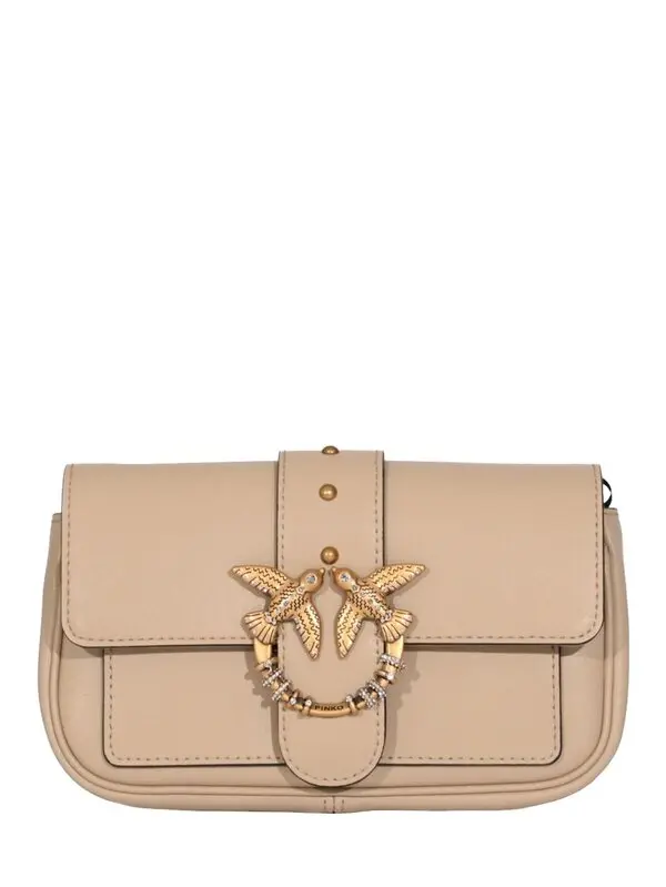 Pinko Love Bag Pocket Mini Crossbody Bag In Leather With Crystals And Studs - Beige