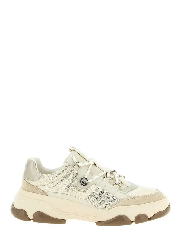 Pinko Low Top Leather And Suede Sneakers With Love Birds Metal Logo - Platinum