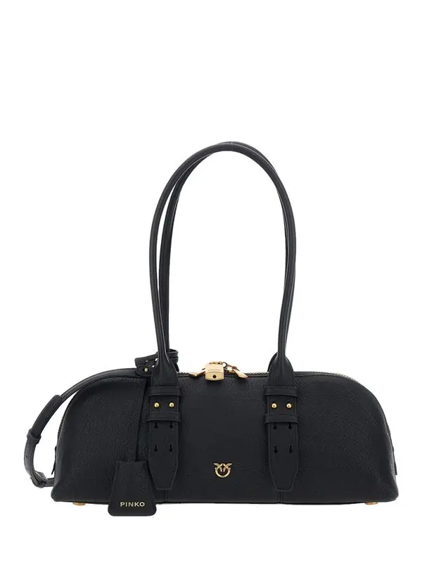 Pinko Leather Shoulder Bag With Gold Tone Clasp - Black