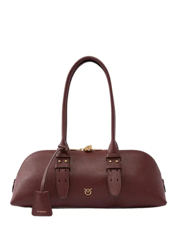 Pinko Escape Horizontal Sheepskin Leather Shoulder Bag With Love Birds Logo - Brown