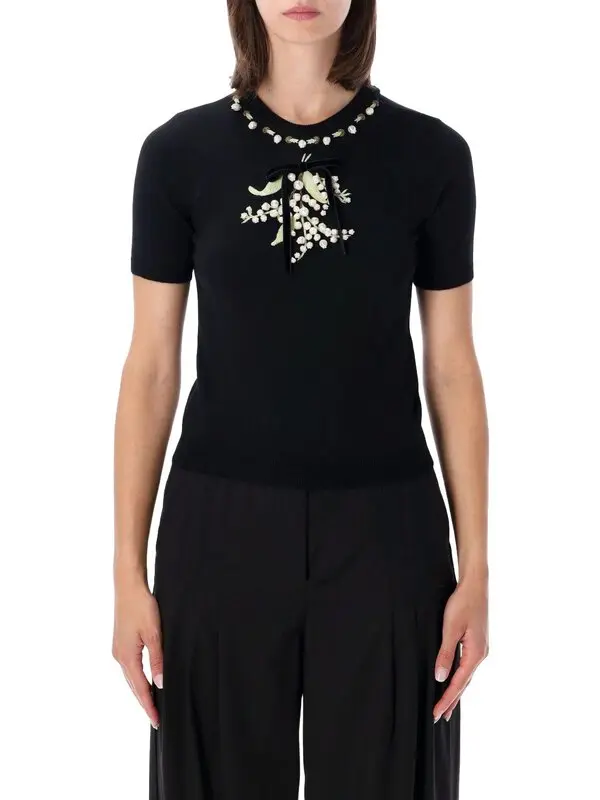 Valentino Garavani Slim Fit Virgin Wool Crew Neck Jumper With Floral Appliqu - Black