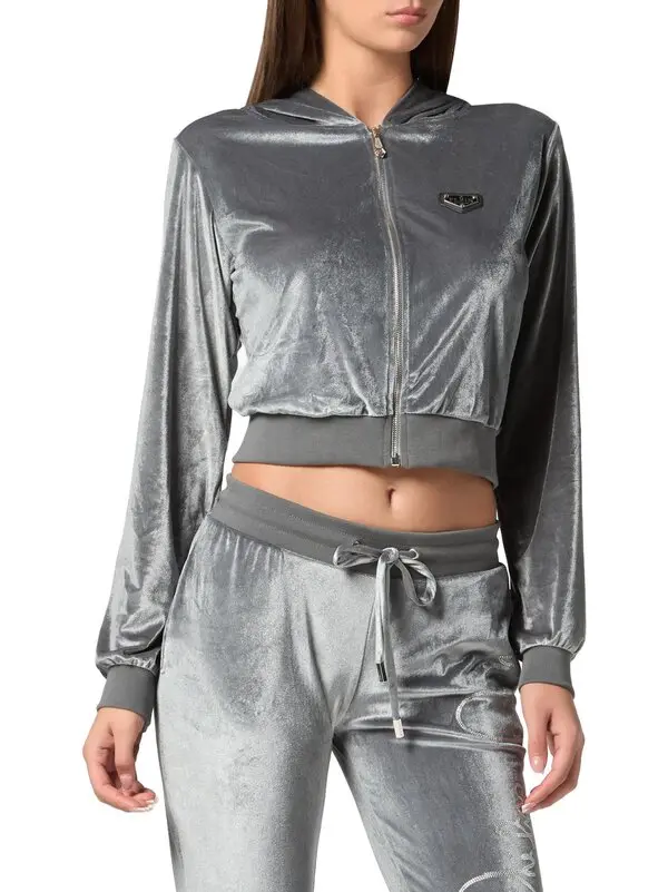 Philipp Plein Cropped Velvet Zip-up Hoodie With Rhinestone Logo - Grey